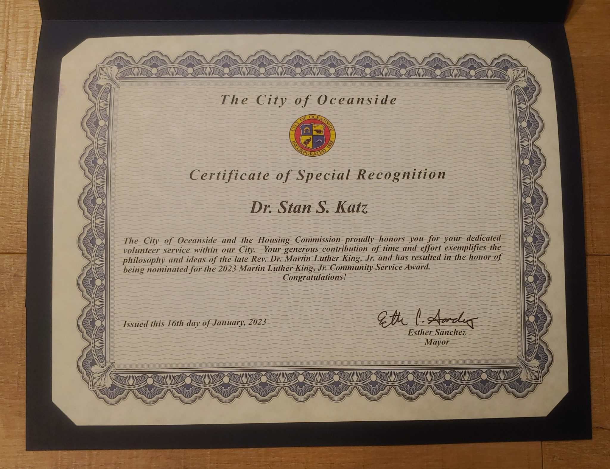 MLK Award Certificate from Mayor of Oceanside Esther Sanchez (3) - Stan ...